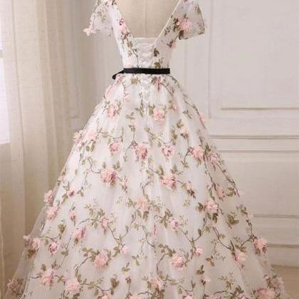 Ball Gown Prom Dresses V-neck Floor-length Floral Long Lace Prom Dress ...
