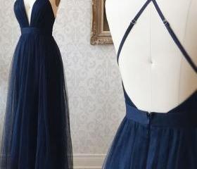 A Line V Neck Navy Blue Backless Prom Dresses, Dark Navy Blue Backless ...