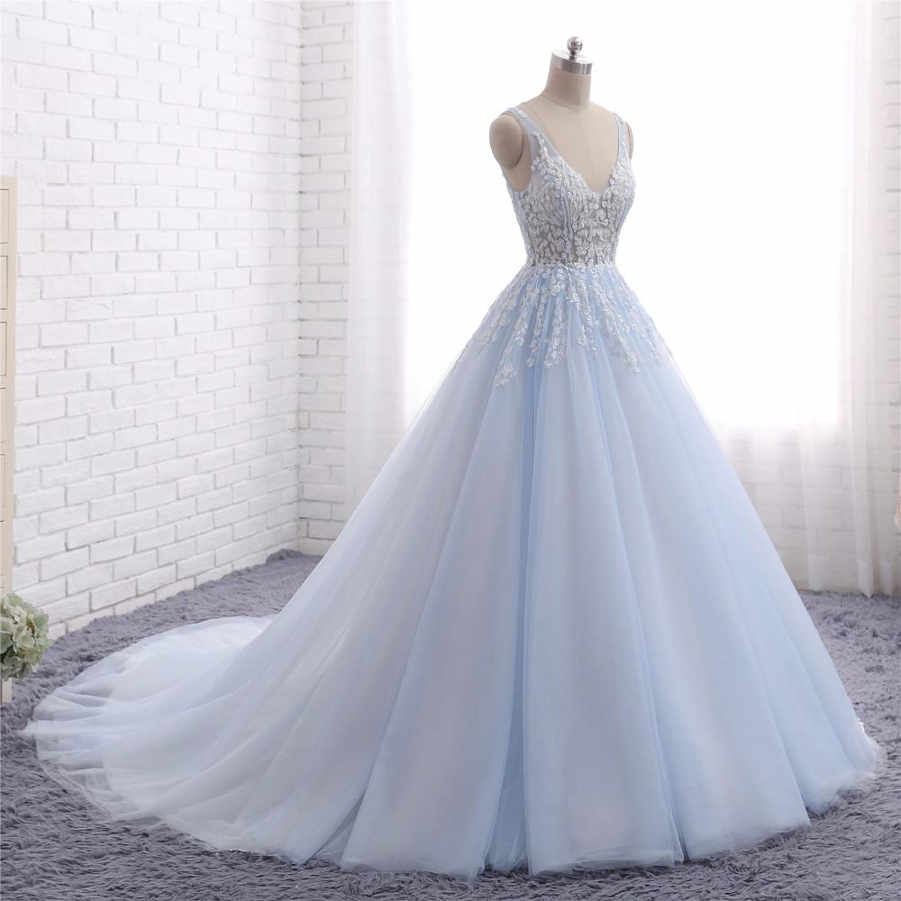 Pale Blue V Neckline A Line Tulle Lace Beaded Evening Prom Dresses ...