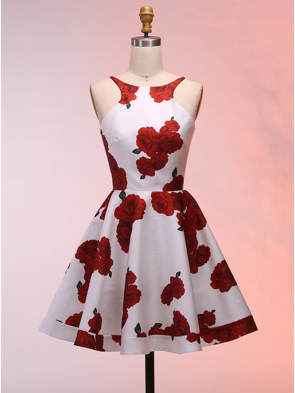 A-line Round Neck Backless Sexy Short Floral Prom Dress on Luulla