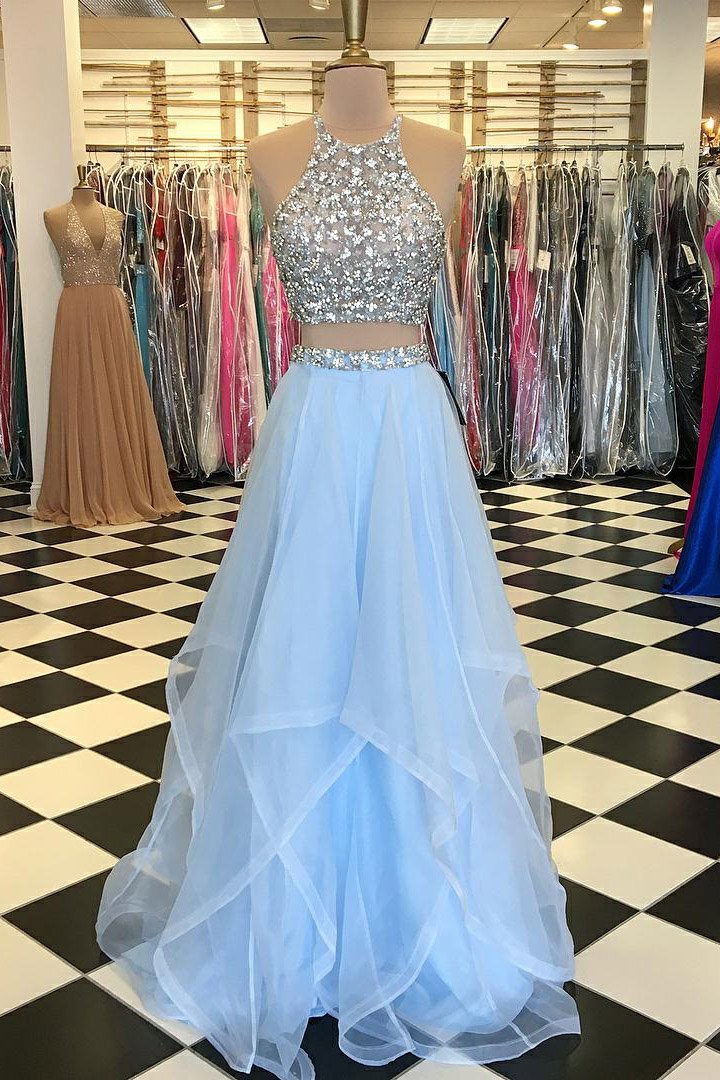 Colorful Prom Dress Short, Two Pieces Prom Dress, Light Blue Prom Dress ...